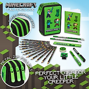 Minecraft Children's Pencil Case with Multiple Compartments, Stationery Included – School Supply (Green Mob)