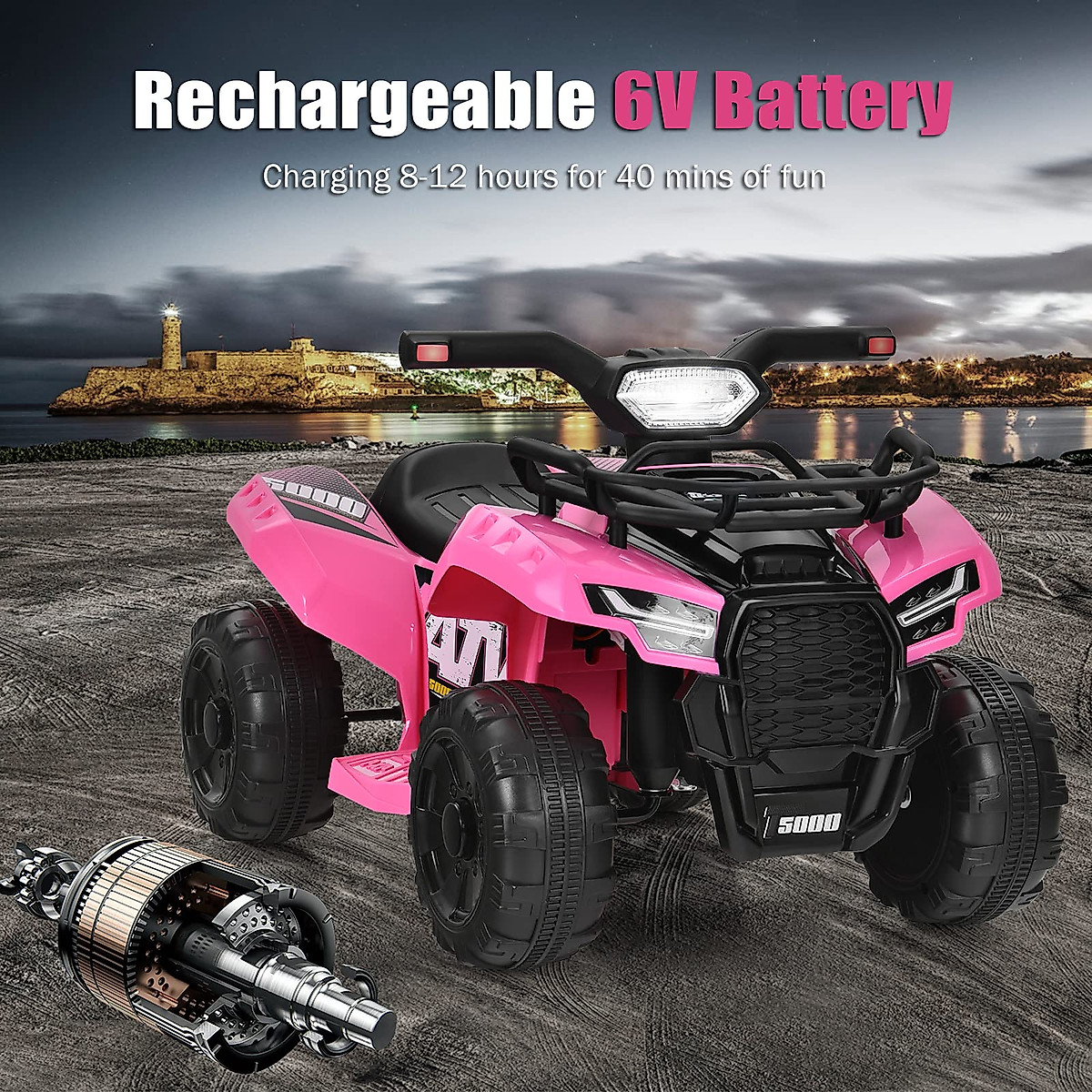 Costzon Kids ATV, 6V Battery Powered Electric Vehicle Four Wheeler Quad w/Storage Basket, Headlight, Horn, Music, MP3 & USB, Toddler 4 Wheeler Ride on Car Toy for Boys Girls 18-36 Months (Pink)