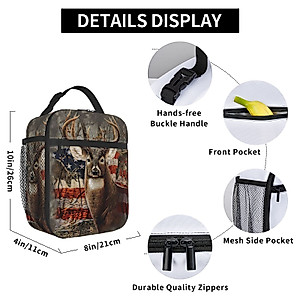 HIONHSW Retro Deer American Flag Lunch Box Insulated Lunch Bags Zipper Lunch Bag Cooler Tote Bag for Teens Girls Boys Men Women Office Picnic