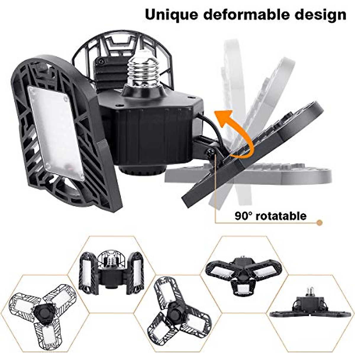 RUNDA LED Garage Lights, 60W Deformable Garage Ceiling Light 6000LM E26 Basement Light with 3 Adjustable Panels LED Light Bulbs for Workshop, Barn, Warehouse and More