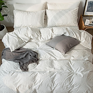 MooMee Striped Duvet Cover Set 100% Washed Cotton Linen Like Textured Breathable Durable Soft Comfy (White Dark Grey Wide Stripes, Queen)