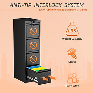 Aobabo 4 Drawer Vertical File Cabinet,Metal Office Files Storage Cabinet with Lock, Steel Filing Cabinets for A4 Letter/Legal Size, 14.96" W x 17.72" D x 52.36" H, Black, Assembly Required