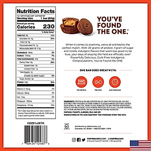 ONE Protein Bars, Peanut Butter Cup, Gluten Free Protein Bar with 20g Protein and only 1g Sugar, Snacking for High Protein Diets, 2.12 Ounce (12 Count)