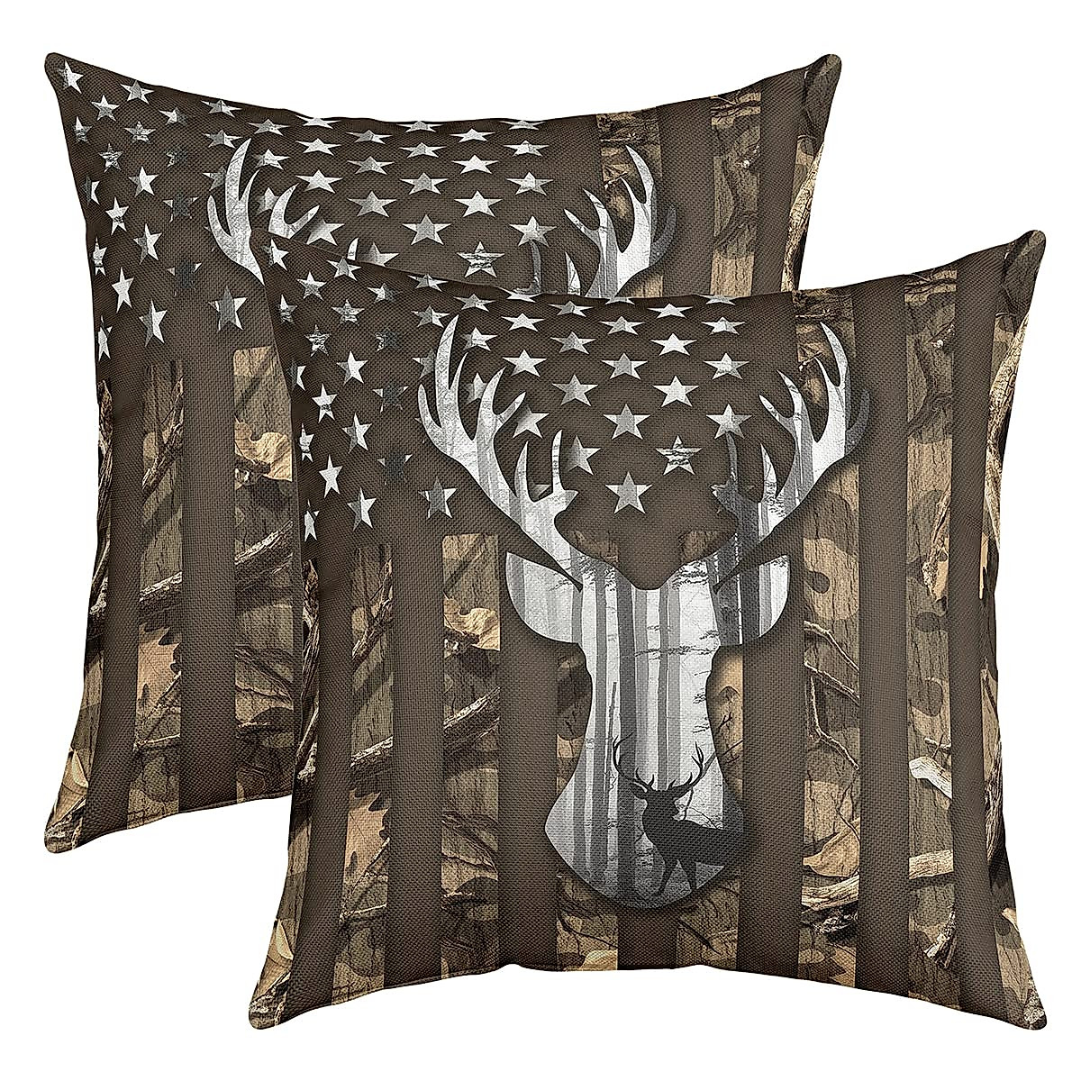 Camo American Flag Reversible Print Pillow Cover,Deer Antlers Brown Camouflage Pillowcase Soft Square 18"x18" Cushion Case,Wild Animal Branches Leaves Stars Throw Pillow Cover Set of 2 forRoom Decor