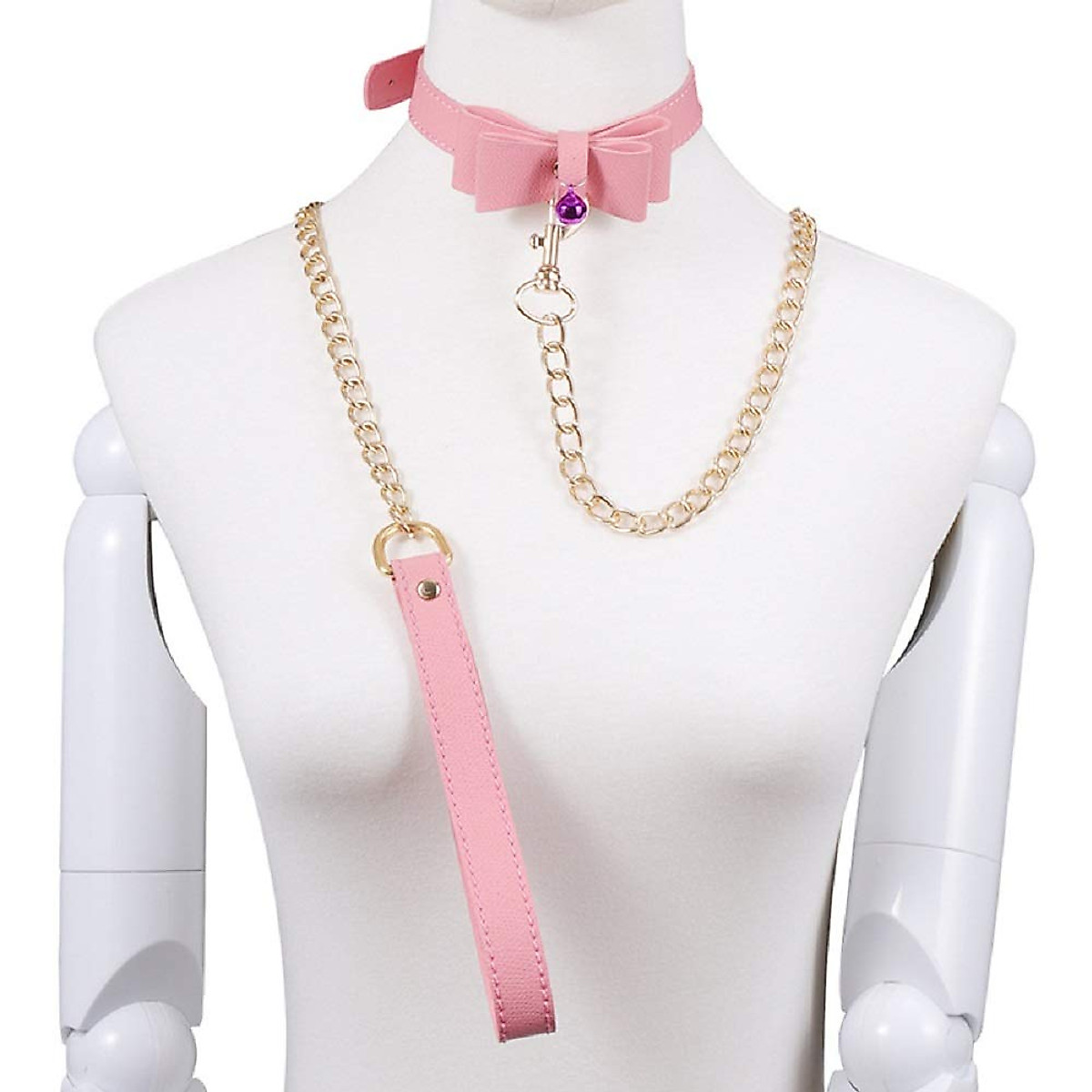 LEWECEEO PU Leather Kitty Bell Collar Choker Cosplay Bowknot Collar Choker with Golden Chain Leash for Women Girls (Pink)