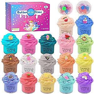 Butter Slime Kit 19 Pack, with 2 Pack Stress Relief Balls, Scented Fruit Mini Slime for Kids Party Favor, Unicorn Crunchy Slime Toys for Girls Boys, Super Soft and Non-Sticky