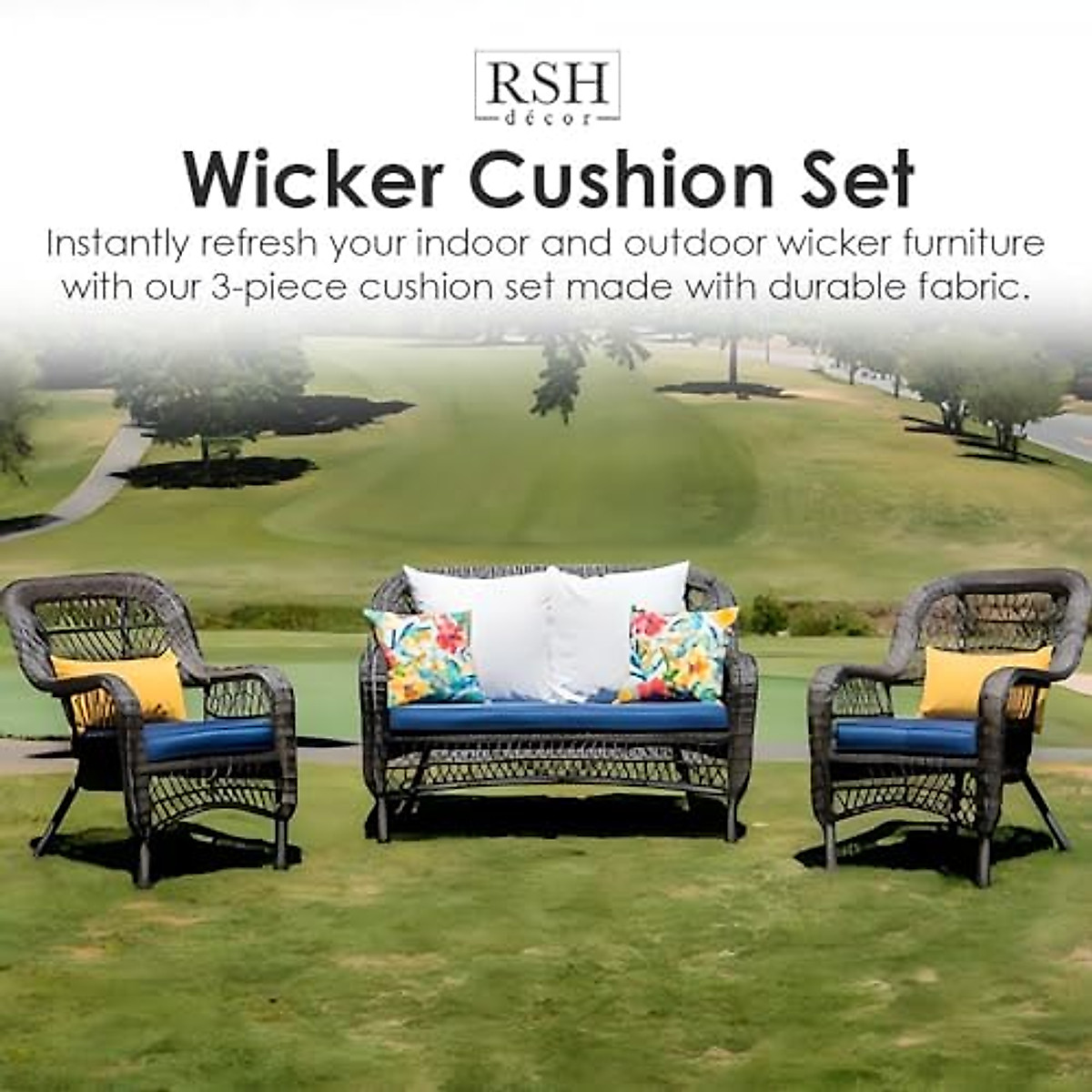 RSH DECOR Indoor Outdoor 3 Piece Tufted Wicker Cushion Set, Two U-Shape 19" x 19" and Loveseat 41" x 19" Daelyn Cherry Red with Blue Yellow, Green Floral