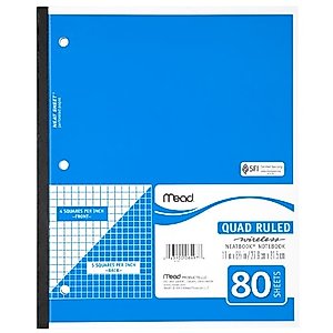 Mead Notebook, Wireless, 1 Subject, Quad Ruled, 8-1/2" x 11", 80 Sheets, Neatbook, Assorted Colors, Color Will Vary (06497)