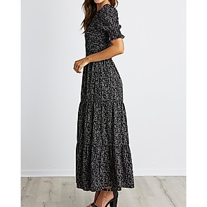 BTFBM Women Casual Summer Dresses 2025 Spring Crew Neck Ruffle Short Sleeve Floral Print Smocked Boho Flowy Maxi Dress(Floral Black White, Large)