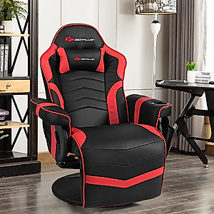 POWERSTONE Gaming Recliner Massage Gaming Chair with Footrest Ergonomic PU Leather Single Sofa with Cup Holder Headrest and Side Pouch, Adjustable Living Room Chair Seating, Red