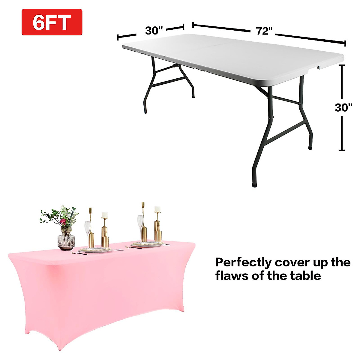 IVAPUPU 2 Pack 6FT Table Cloth for Rectangular Fitted Events Stretch Pink Table Covers Washable Table Cover Spandex Tablecloth Table Protector for Party, Wedding, Cocktail, Banquet, Festival