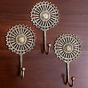 Indian Shelf Brass Hooks for Keys to Hang- Boho Wall Hooks- Shabby Chic French- Decorative Hooks- Antique Coat Hooks- Vintage Hooks- Key Hooks Holder- Gold Wall Hooks- 3 Piece