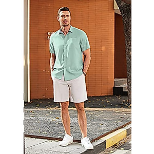 COOFANDY Men's Short Sleeve Linen Shirts Casual Button Down Shirt Summer Beach Tops Green
