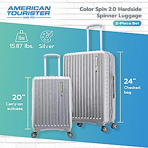 American Tourister Color Spin 2 Piece Carry-On Luggage Suitcases with Wheels, Adjustable Handle, and Elastic Cross Straps, Silver