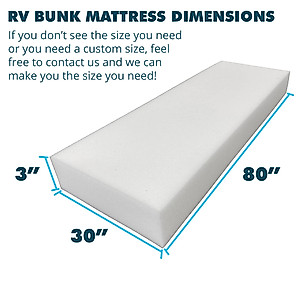 Foamma 3" x 30" x 80" High Density RV Bunk Mattress Replacement, Firm, Durable, Premium Comfort, USA Made, No Cover