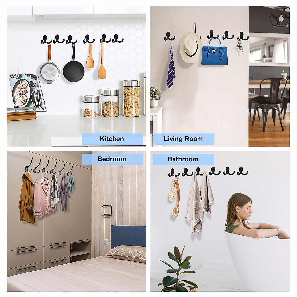 Kruodop 4 Pack Wall Hooks Wall Mounted Coat Hooks for Hanging Heavy Duty, Black Towel Hooks, Metal Double Coat Hanger with Screws Cup Retro for Coats, Handbags, Towels, Hat