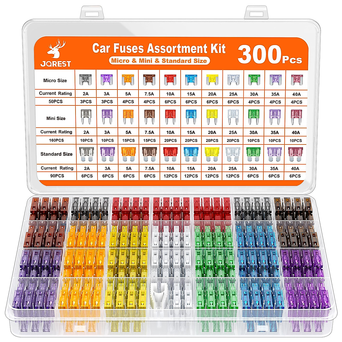 JOREST 300Pcs Car Fuse Assortment Kit, 160 Mini Blade Fuses Automotive + 90 Standard Auto Fuses + 50 Micro Fuse + 1 Puller – for Car/RV/Truck/Motorcycle(2Amp 3A 5A 7.5A 10A 15A 20A 25A 30A 35A 40A)