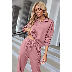 ELESOL Womens Tracksuit Long Sleeve Jogger Sets Zip Pullover Cotton Top and Drawstring Long Pants Set 2 Pieces Outfit