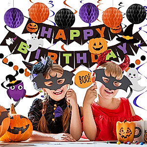meowtastic Halloween Birthday Decorations - Happy Birthday Banner with Honeycomb Ball, Halloween Hanging Swirl Streamer, Circle Dot Garland Decorations - Halloween theme Birthday Party Decoration