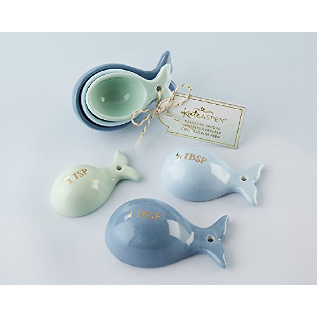Kate Aspen Ceramic Whale Shaped Set | Tablespoon, Half Tablespoon & Teaspoon Measuring Spoons, One Size, Blue and Gold