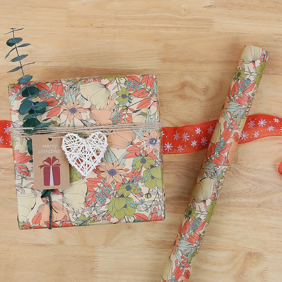 Aimyoo Kraft Floral Wrapping Paper Bundle, Vintage Flowers Sunflower Gift Wrap Paper for Wedding Bridal Shower Birthday, 3 Rolls 17 in x 12 ft per Roll