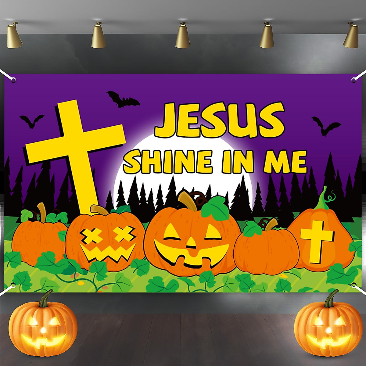 Halloween Christian Pumpkin Backdrop Banner Let Jesus Light Your Way Party Decor Halloween Jesus Pumpkin Background Wall Decor Halloween Religious Supplies for Kids Sunday School Decor 71 x 43 inch