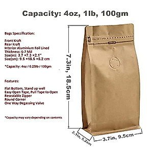 4 Ounce 50 Pieces High Barrier Kraft Paper Coffee Bags Stand Up/Flat Bottom Coffee Pouches with Air Release Valve and Reusable Pull Tab Side Zipper (50, 4oz/0.25lb/100gm)