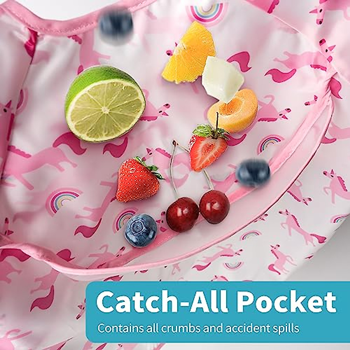 3 Pcs Long Sleeved Bib Set | Baby Waterproof Bibs with Pocket Bundle | Toddler Bib with Sleeves and Crumb Catcher | Stain and Odor Resistance Play Smock Apron - Pack of 3 | 6-24 Months