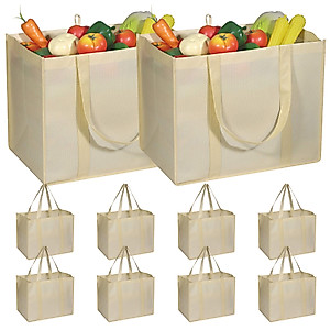 DIOMMELL 10 Pack Reusable Grocery Bags Extra Large Super Strong Heavy Duty Shopping Tote Bags with Reinforced Handles, Beige