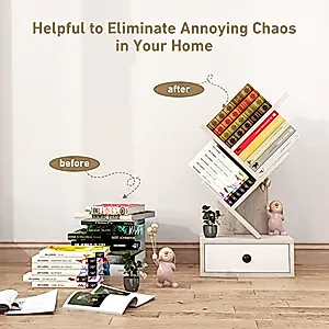 Giantex 5-Tier Tree Bookshelf with Drawer - Freestanding Retro Small Book Storage Rack for Small Place, Kids Room Wooden Decorative Bookcase with Storage for CDs, Magazines, Books, Beige