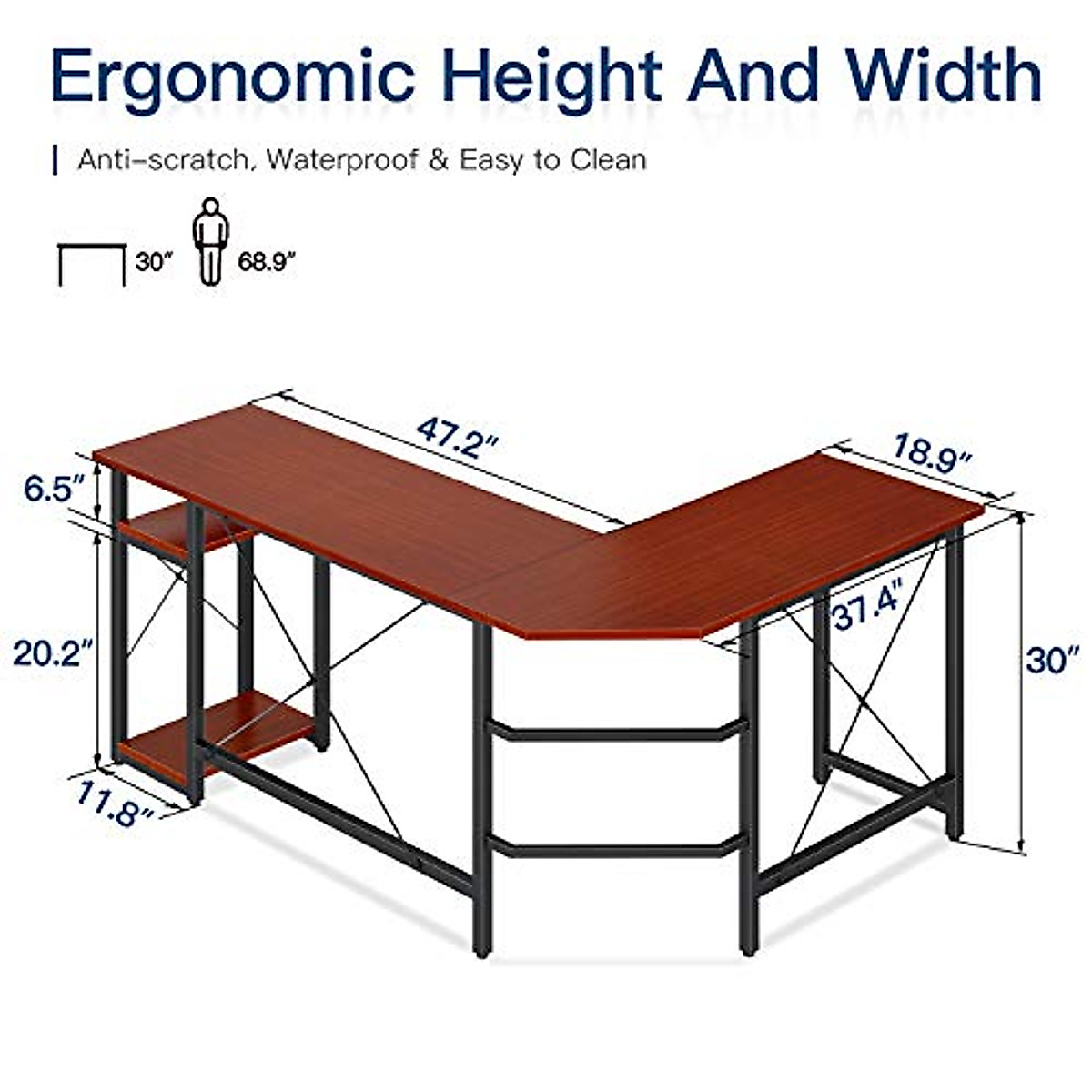 Coleshome L Shaped Computer Desk 66" with Storage Shelves, Corner Gaming Desk, Sturdy Writing Desk Workstation, Modern Wooden Desk Office Desk, Wood & Metal, Teak
