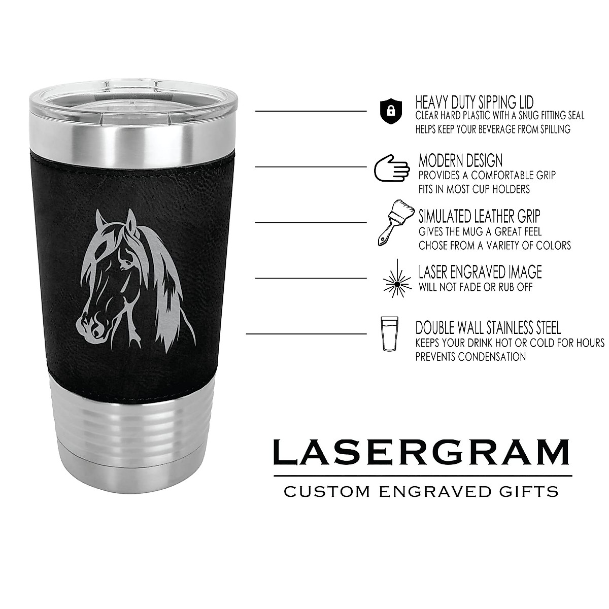 LaserGram 20oz Vacuum Insulated Tumbler Mug, Horse Head 1, (Faux Leather, black)