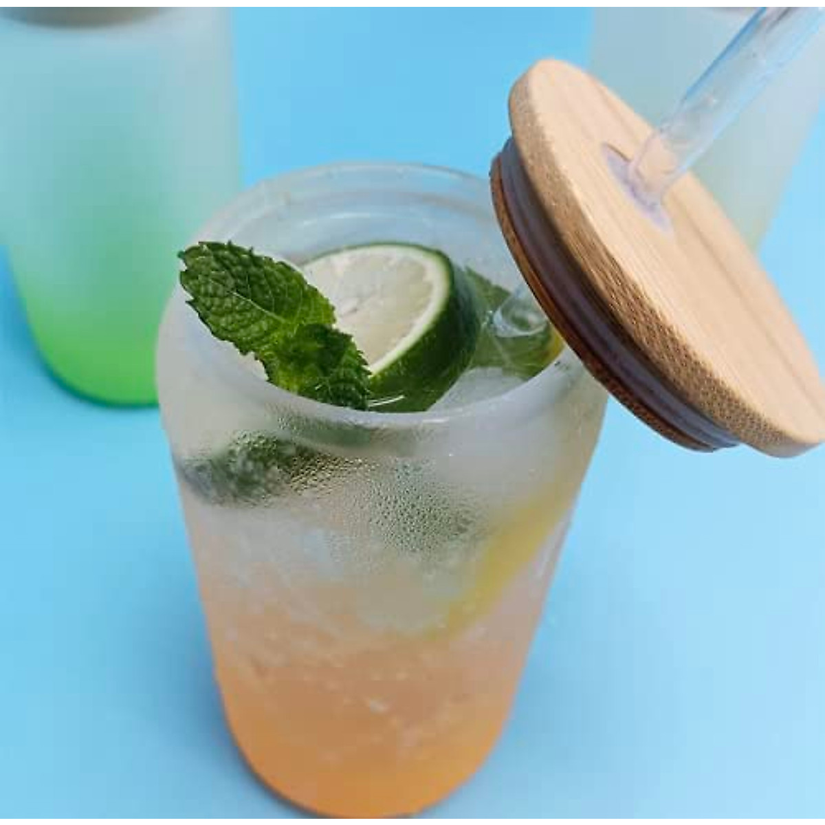 Pretty Penny 16oz frosted sublimation glass jar jars with lids,bamboo lid plastic straw, beer glasses & straw , reusable drinking tumblers blanks