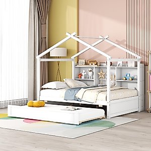 Harper & Bright Designs Full Size House Bed with Trundle, Wood Full House Bed with Storage Shelves, Full Montessori Bed for Kids with Roof for Girls, Boys,Brushed White