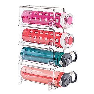 mDesign Plastic Free-Standing Water Bottle Holder Storage Organizer, Wine Rack for Kitchen Countertops, Table Top, Pantry, Fridge - Stackable, Each Rack Holds 1 Bottle, 4 Pack - Clear