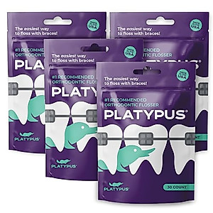 Platypus Orthodontic Flossers for Braces, 30 Count (Pack of 4), Ortho Picks for Adults & Kids, Fits Under Arch Wire, Non-Damaging, Encourage Flossing Habits