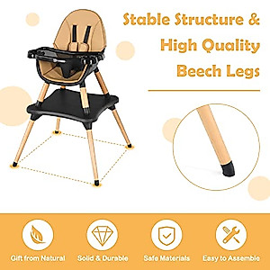 BABY JOY 5 in 1 High Chair, Convertible High Chairs for Babies and Toddlers/Booster Seat/Table and Chair Set, Infant Wooden Highchair w/ 5-Point Harness, 4-Position Removable Tray & PU Cushion, Coffee