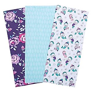 Mermaids 3 Pack Jersey Burp Cloth Set-Mermaid, Leaf, Watercolor Floral Prints, Purples, Turquoise, Teal, Pinks, Grays, Cotton Jersey, 20 in x 9 in Each