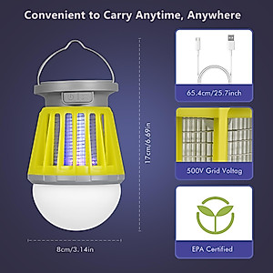 Solar Bug Zapper Outdoor Waterproof, Portable Mosquito Zapper, 2-in-1 Cordless & Rechargeable Bug Zapper with LED Light for Home, Camping, Patio, Yard, Pool (Green-1Pc