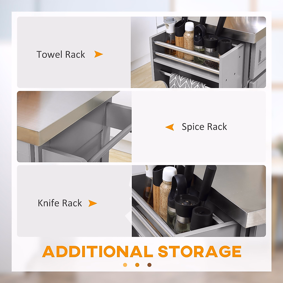 HOMCOM Rolling Island with Wheels for Kitchen, Portable Kitchen Island with Stainless Steel Top, Adjustable Shelves, 2 Drawers, Spice, Knife and Towel Rack, Gray