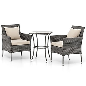 Tangkula 3 Piece Furniture Wicker Rattan Outdoor Patio Set, Onesize, Grey