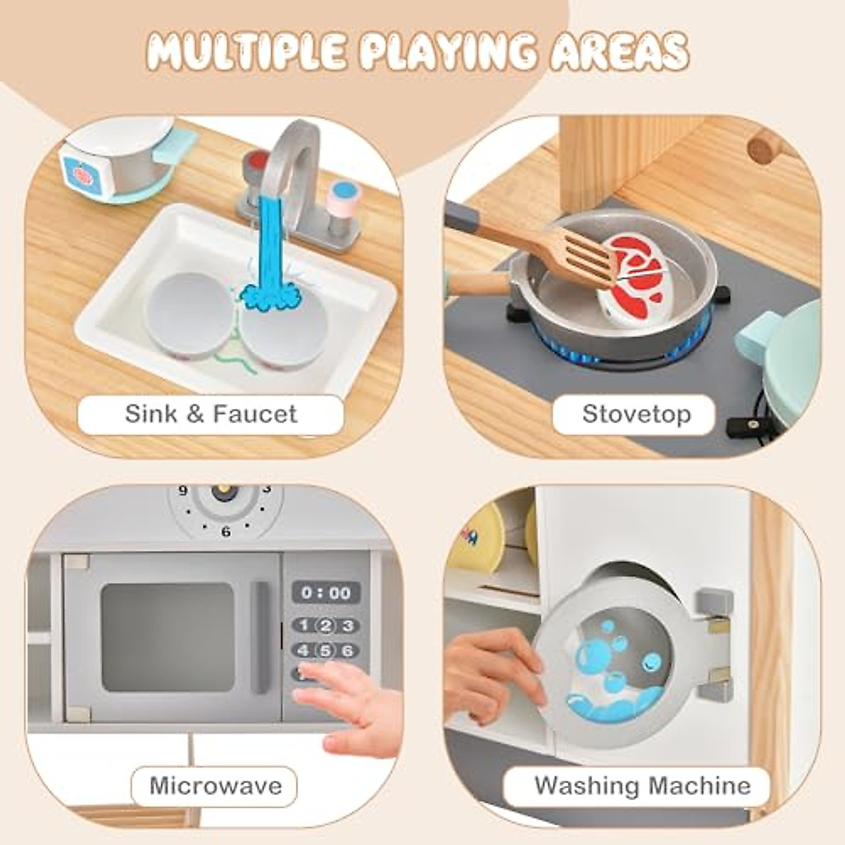 Costzon Kids Kitchen Playset, Wooden Pretend Cooking Toy with Sink & Faucet, Microwave, Dish Rack, Washing Machine, Play Kitchen with 15 PCS Toy Accessories for Toddlers, Gift for Boys Girls 3+