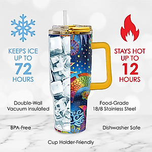 RainCaper 18/8 Stainless Steel Insulated Water Tumbler with Straw | 30oz, BPA-Free, Double Wall for Hot & Cold | Travel-Friendly, Cup Holder Ready (Laurel Burch Celestial Magic)