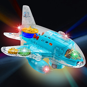 ArtCreativity Light-Up Transparent Airplane Toy for Toddlers 1-3, Fun Bump-and-Go Plane Toy for Kids 3-5, with Colorful Moving Gears, Music, and LED Effects - Perfect Airplane Gift for Boys and Girls