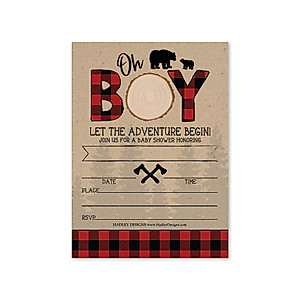 25 Lumberjack Bear Baby Shower Invitations, Sprinkle Invite For Boy, Coed Rustic Gender Reveal Theme, Cute Woodland Adventure DIY Fill or Write In Blank Printable Card, Animal Forest Party Supplies
