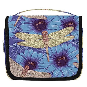 POFATO Dragonfly Blue Flower Travel Toiletry Bag Cosmetic Makeup Bag for Women Men Hanging Hook Wash Toiletries Portable Toiletry Bags Organizer