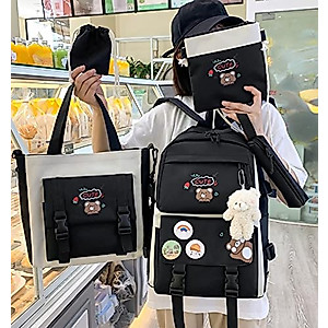 HUIHSVHA 5 PCS Kawaii Backpack Set for Teens Girls, Aesthetic School Laptop Bag Shoulder Bag Canvas Daypack with Bear Pendant