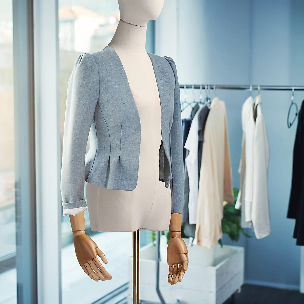 Bonnlo Female Dress Form with Head and Posable Wood Arms, Mannequin Torse Body with Metal Base Adjustable Height, Women Dress Jewelry Display Model