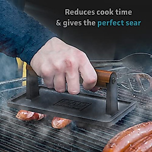 Soho Grilling Gift for Dad, BBQ Cast Iron Grill Press for Smash Burger, Hamburger, Meat, Bacon (2.6 lbs) Cooking Weight with Wood Handle for Christmas/Birthday “Dad The Grill King” (Gift Boxed)