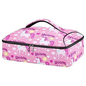 Kcldeci Insulated Thermal Food Carrier Insulated Casserole Carrier for Hot or Cold Food,White Unicorns on A Pink Insulated Tote Bag for Potluck Cookouts Parties Picnic,Lasagna Lugger